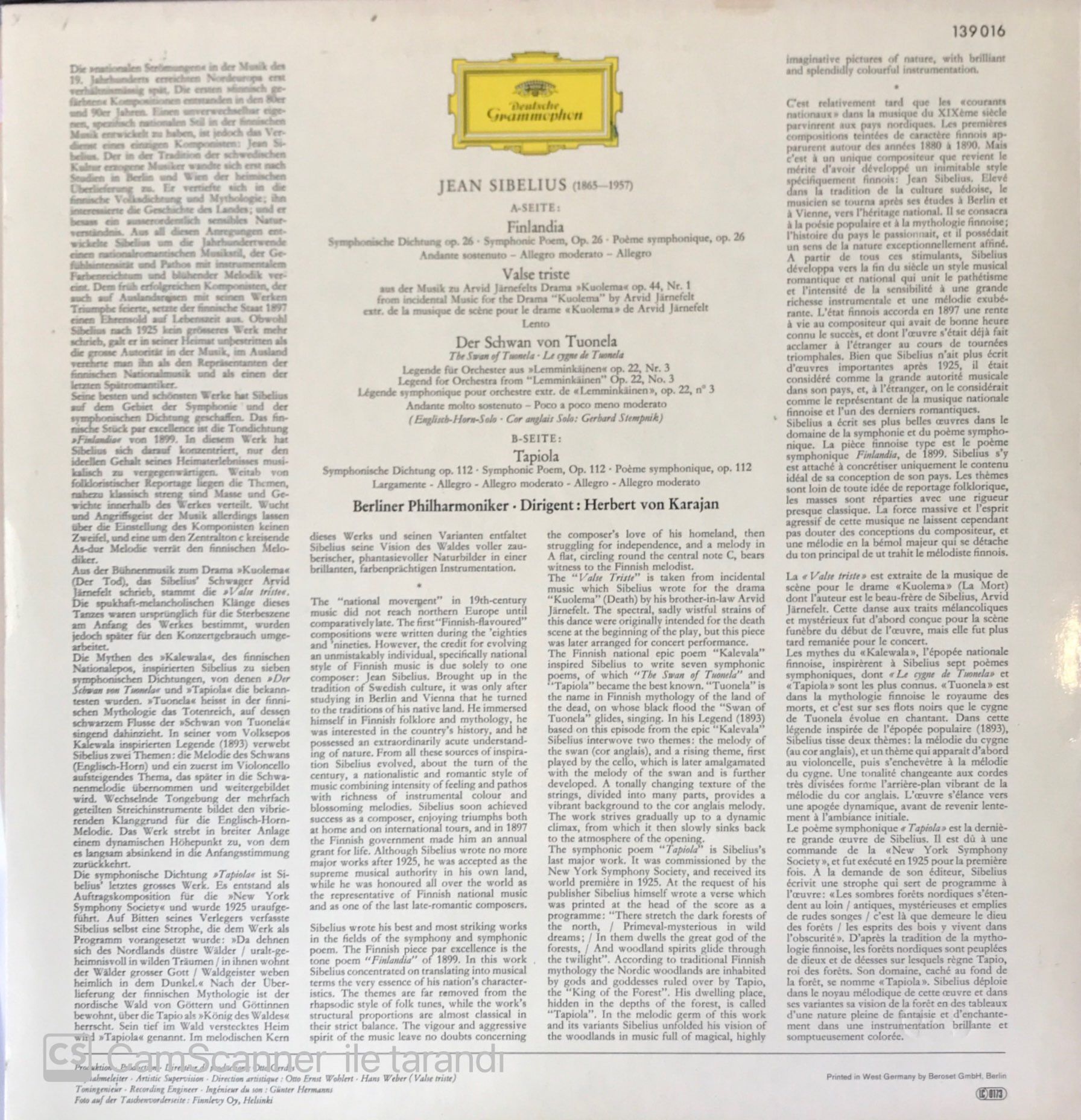 Jean Sibelius Finlandia Valse Triste Berliner Philharmoniker - Herbert Von Karajan LP Plak Satın Al